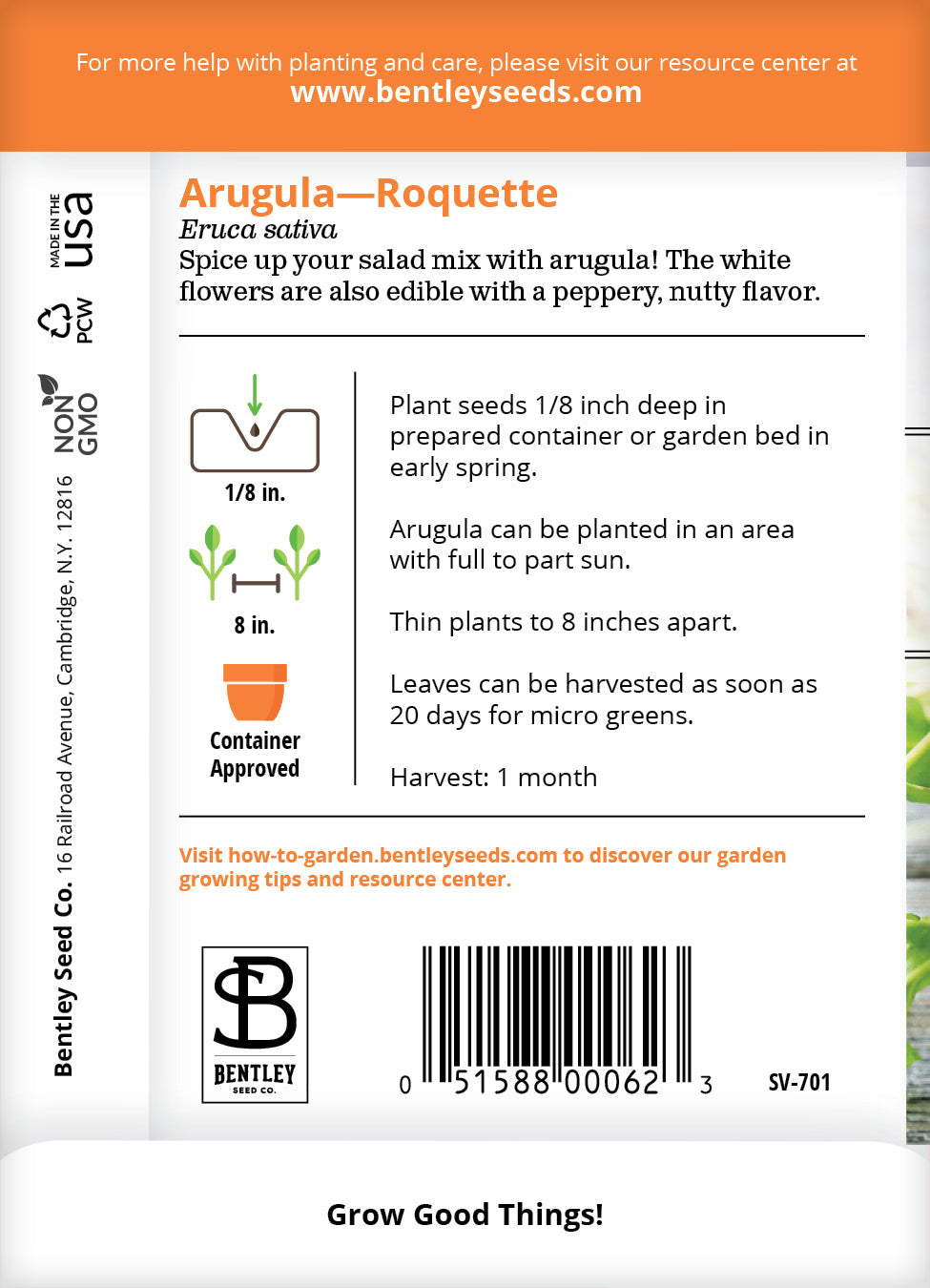 Arugula, Roquette Seed Packets Heirloom Seeds Fast-Growing – Bentley Seeds